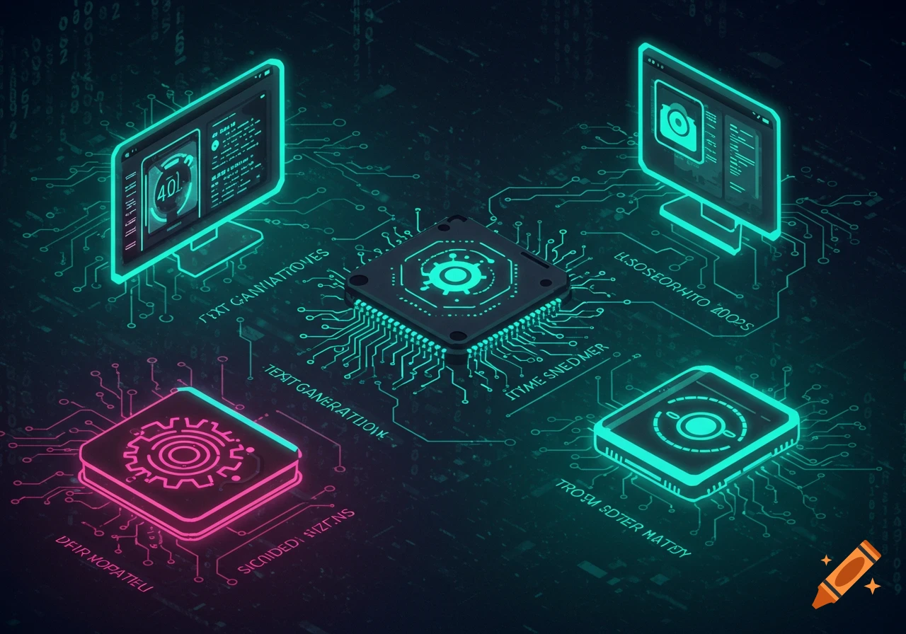 Isometric view of a computer chip and components connected by glowing circuitry on Craiyon