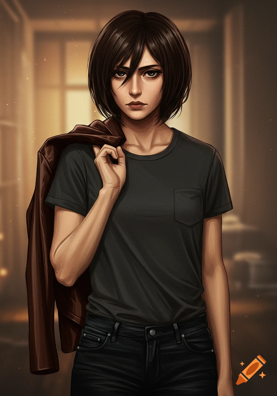 Realistic style portrait of Mikasa from Attack on Titan wearing a ...