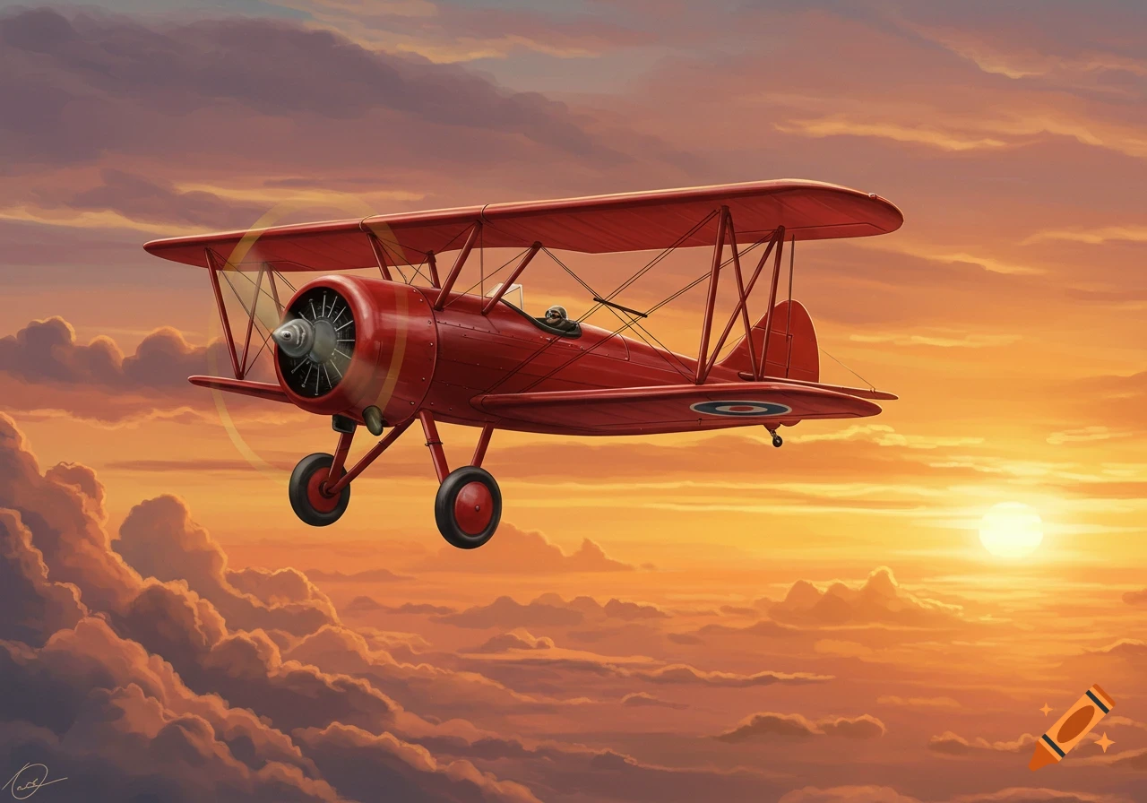 Red biplane flying through clouds at sunset, illustration. on Craiyon
