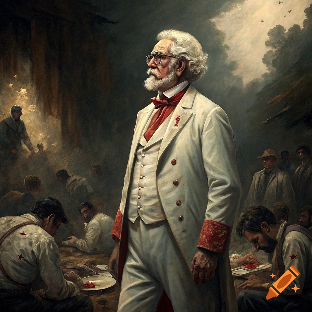 Painting in the style of Goya showing Colonel Sanders in a white suit ...