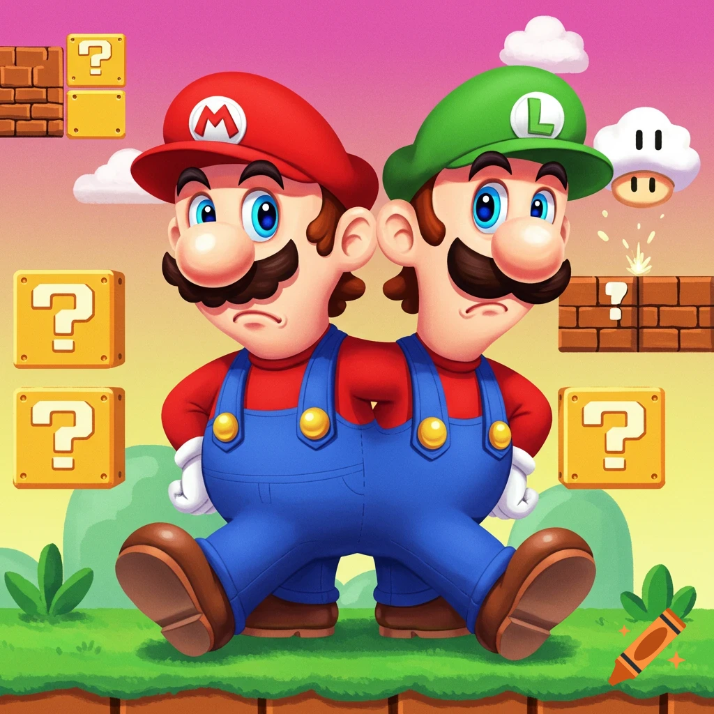 Conjoined Mario and Luigi stand in a cartoon Super Mario Bros. game ...