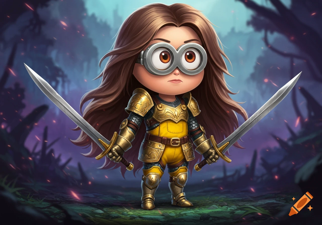 Cartoon girl with minion goggles and brown hair in gold fantasy armor ...