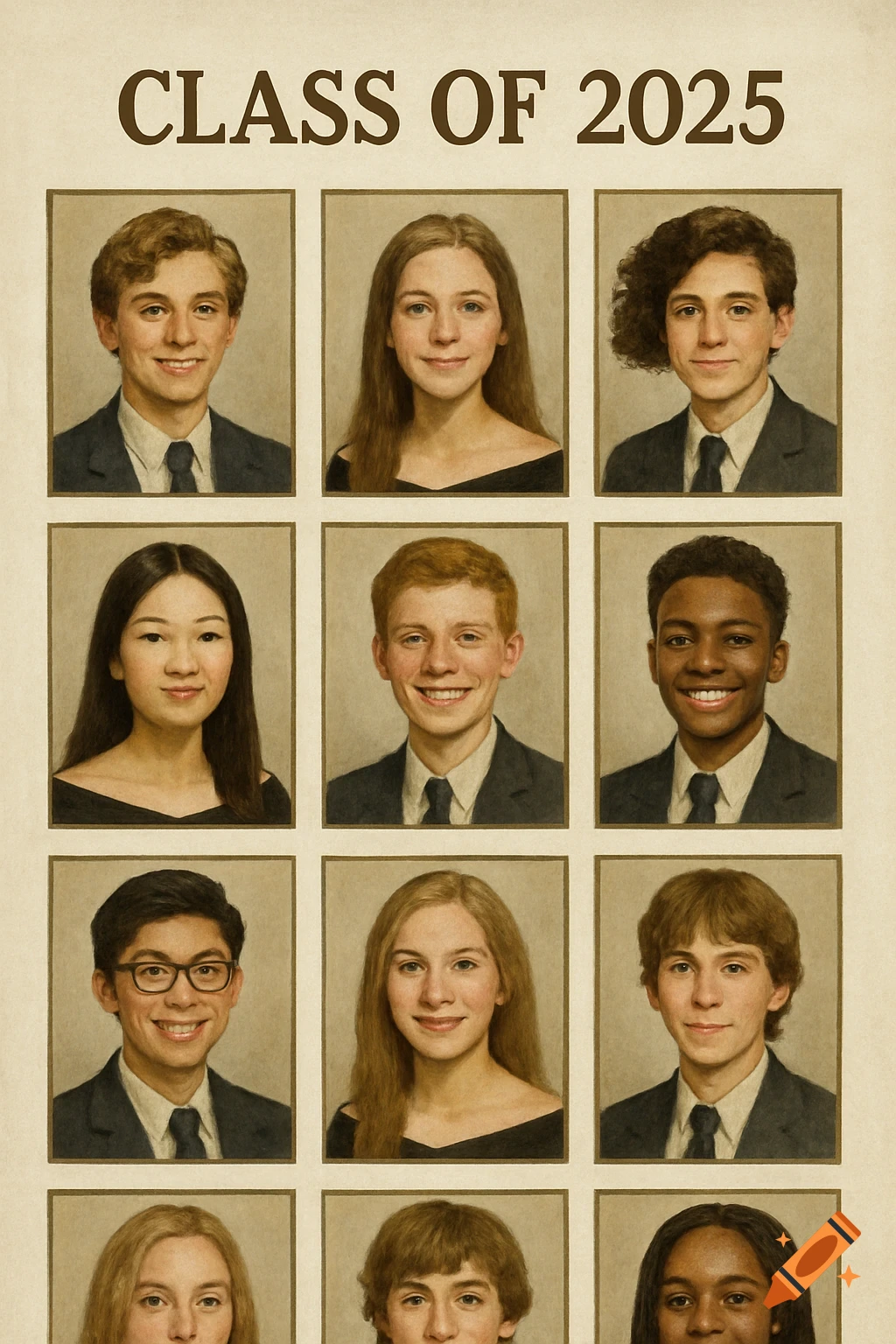 Yearbook page with portraits and 'CLASS OF 2025' text on Craiyon