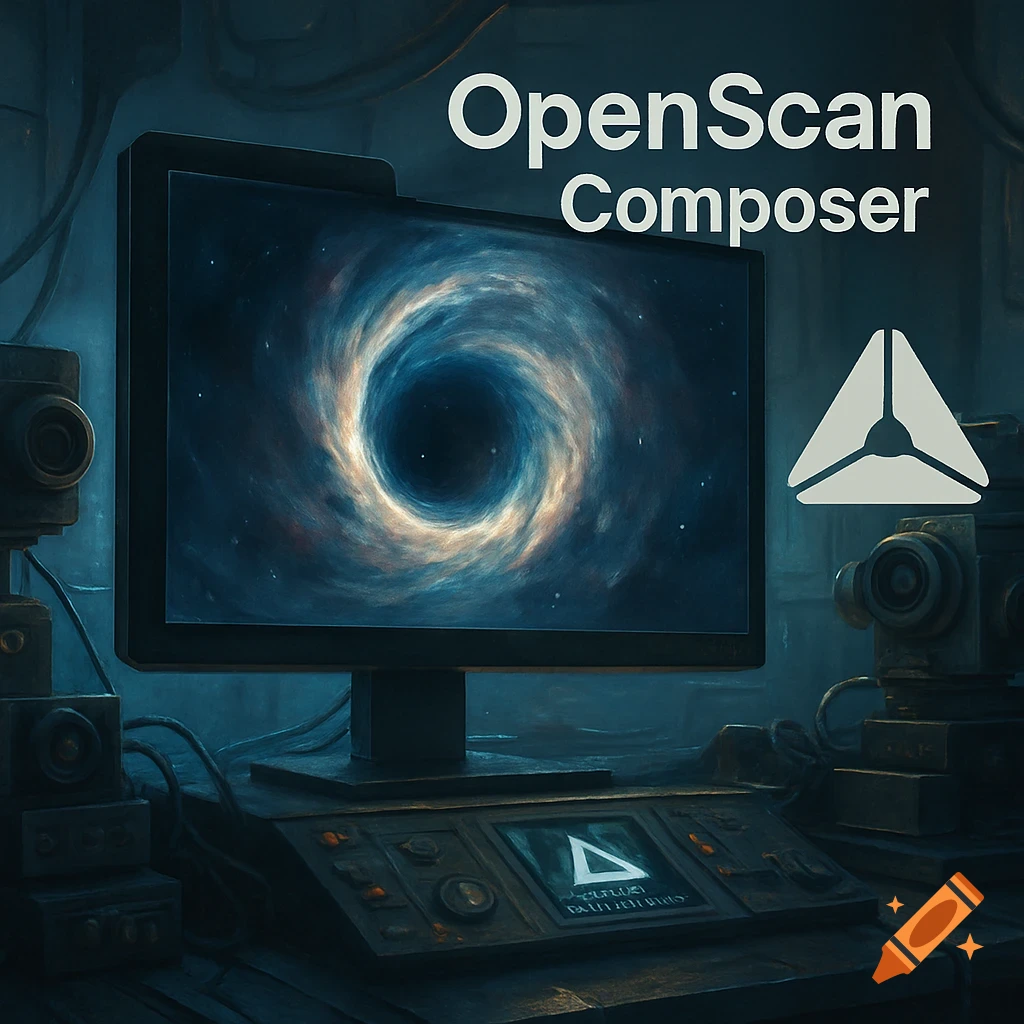 Futuristic tech equipment with a monitor showing a black hole and the OpenScan Composer title ...