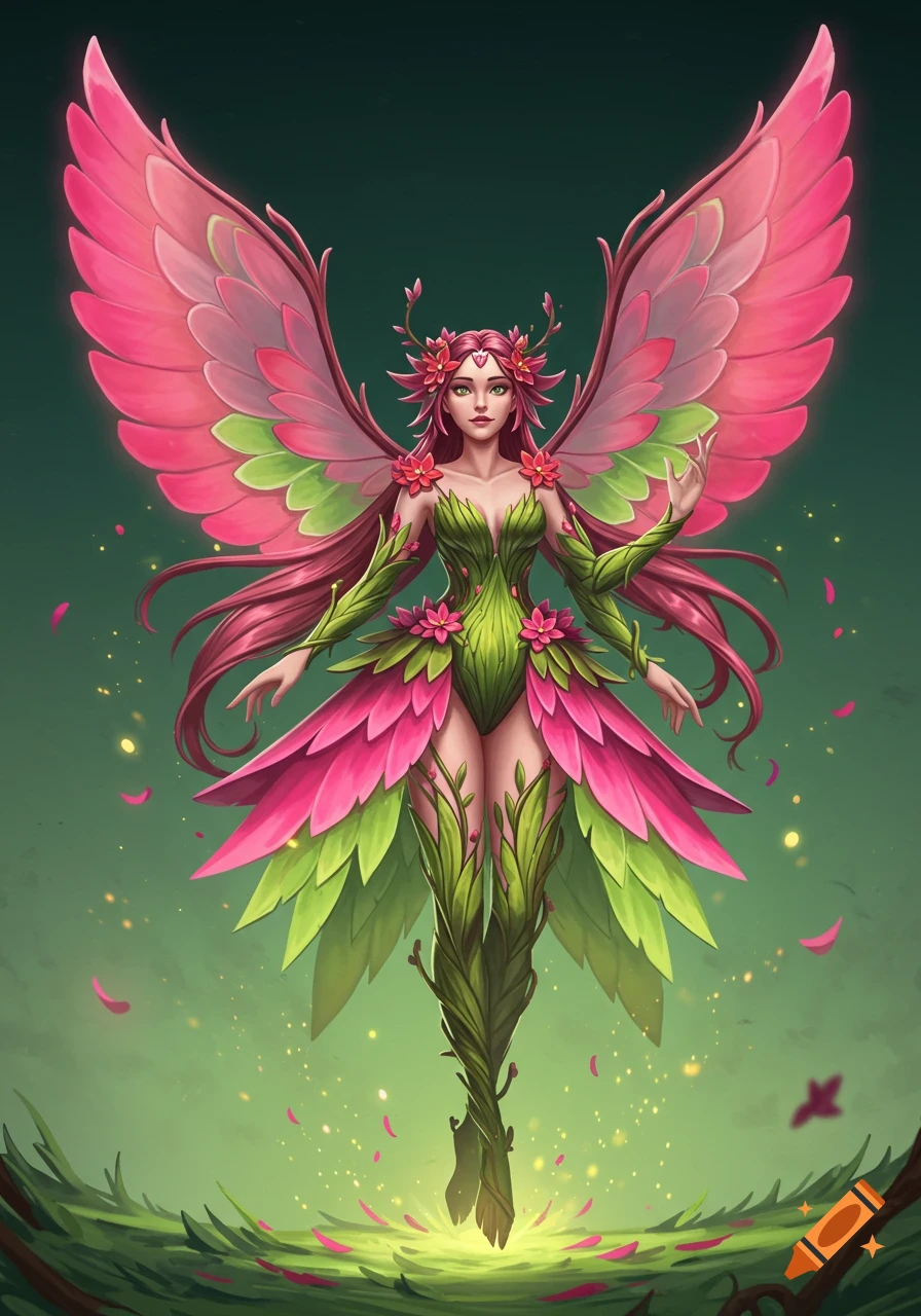 A fantasy magical girl fairy with large pink and green petal wings and a floral dress stands in ...