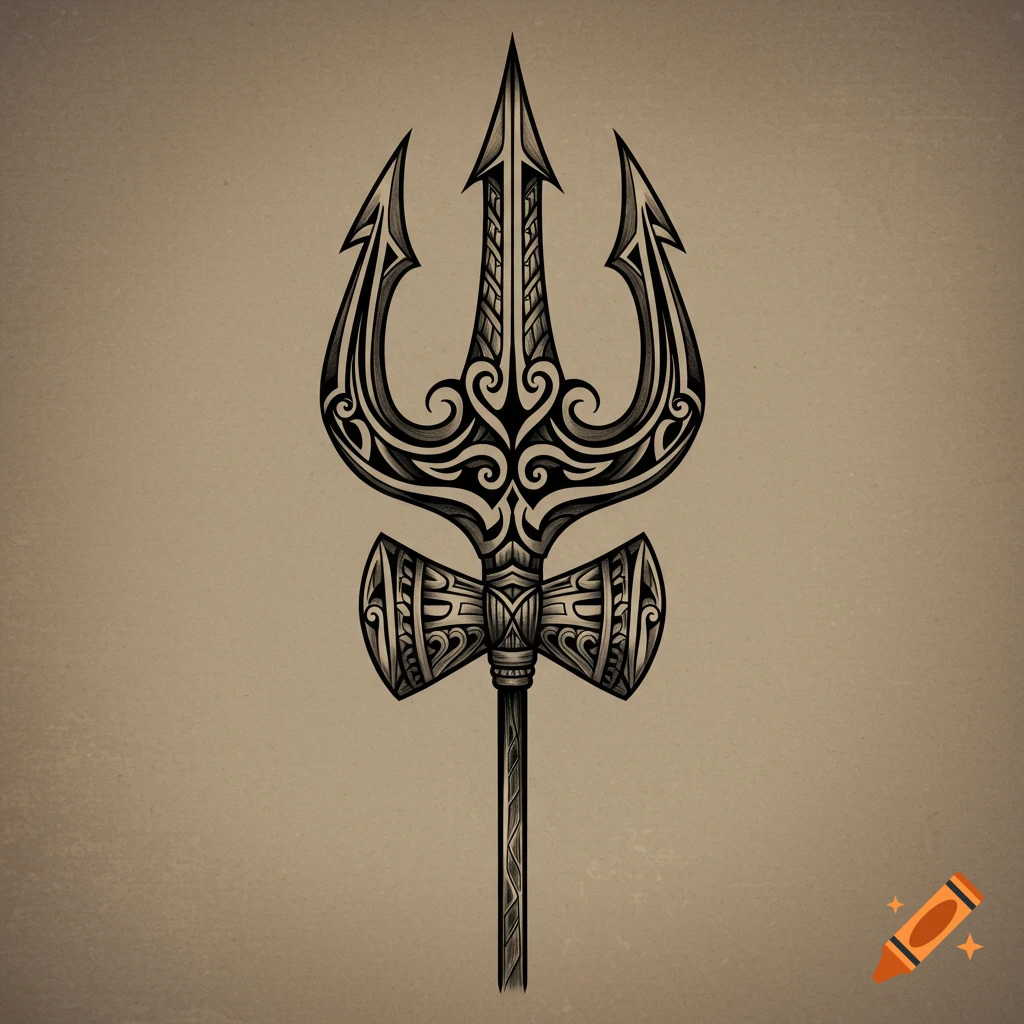 Ornate trident illustration in a tattoo style with intricate patterns ...