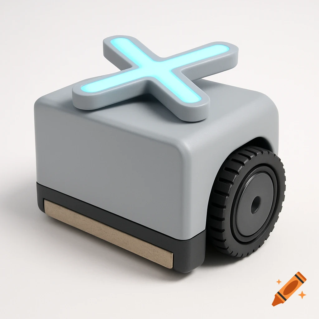A small, grey robot toy with a blue light-up X on top and a single ...