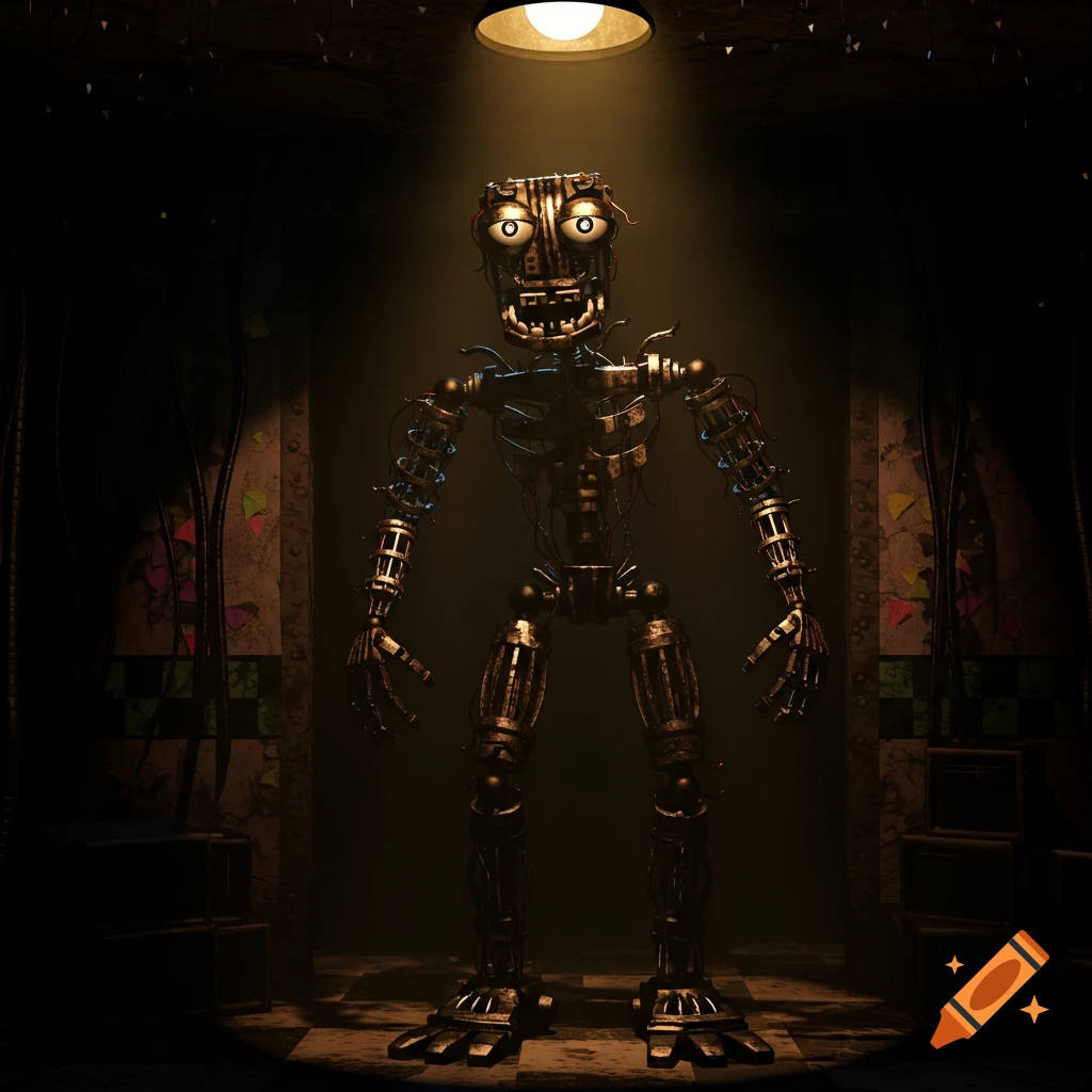 An animatronic endoskeleton stands in a dark, abandoned room under a ...