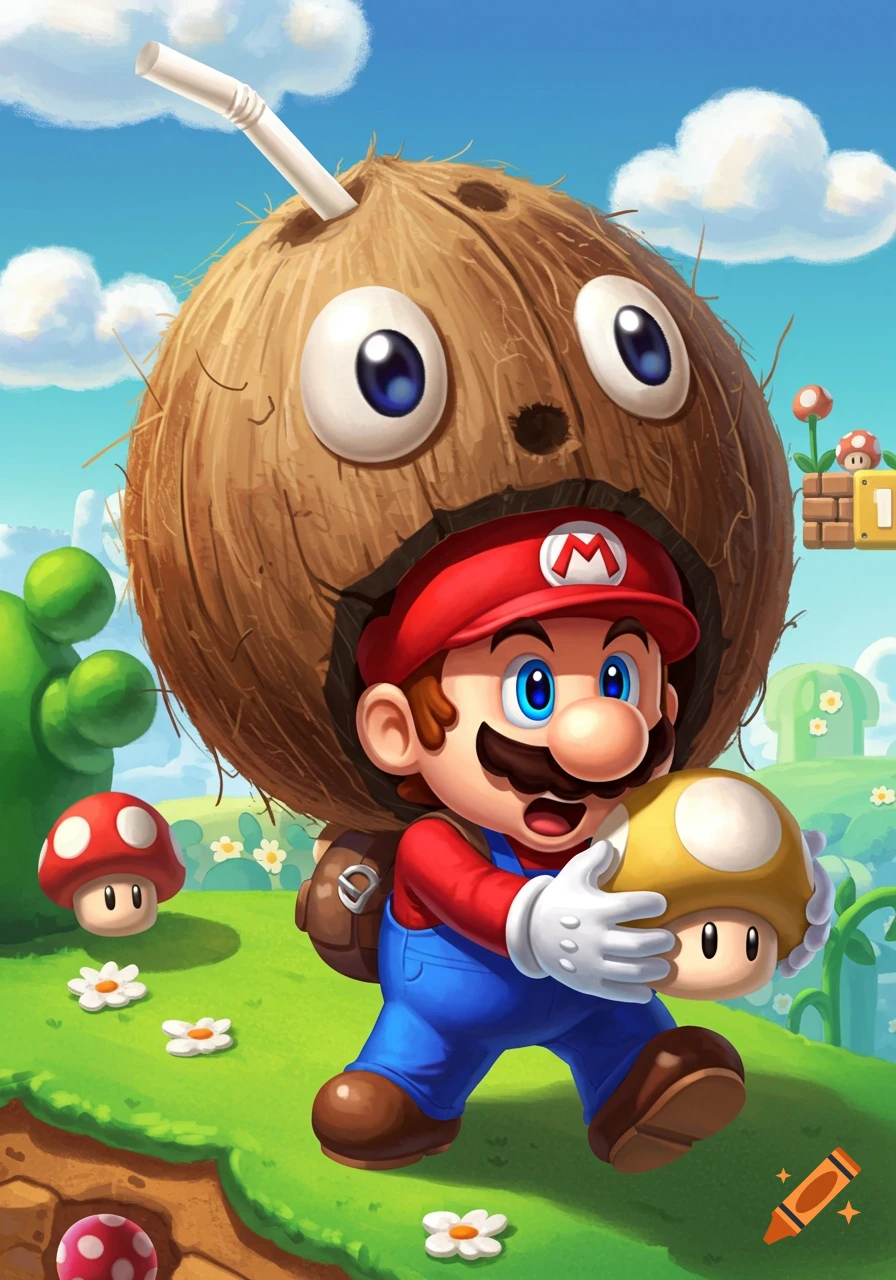 Cartoon Super Mario carrying a large coconut with eyes and a mushroom ...