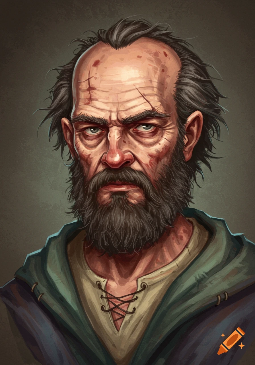 Digital painting portrait of a scruffy, grumpy old male wizard with a beard and bald head ...