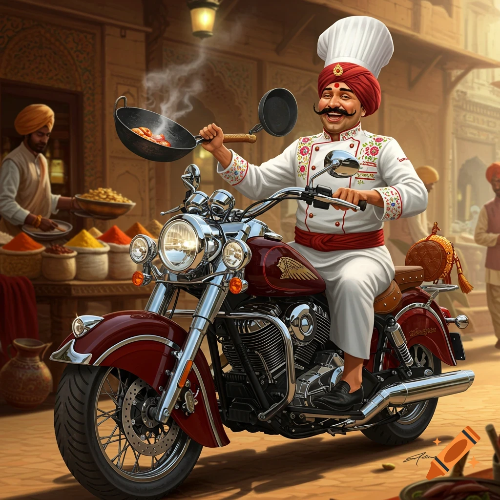 An Indian chef riding a red motorcycle through a market, holding a ...