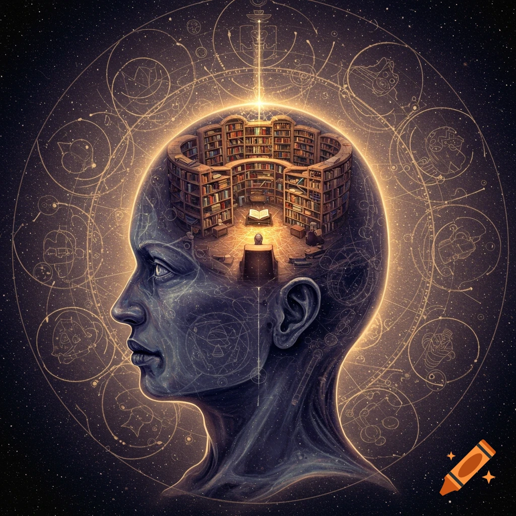 Surreal profile image of a head with a library inside, surrounded by ...