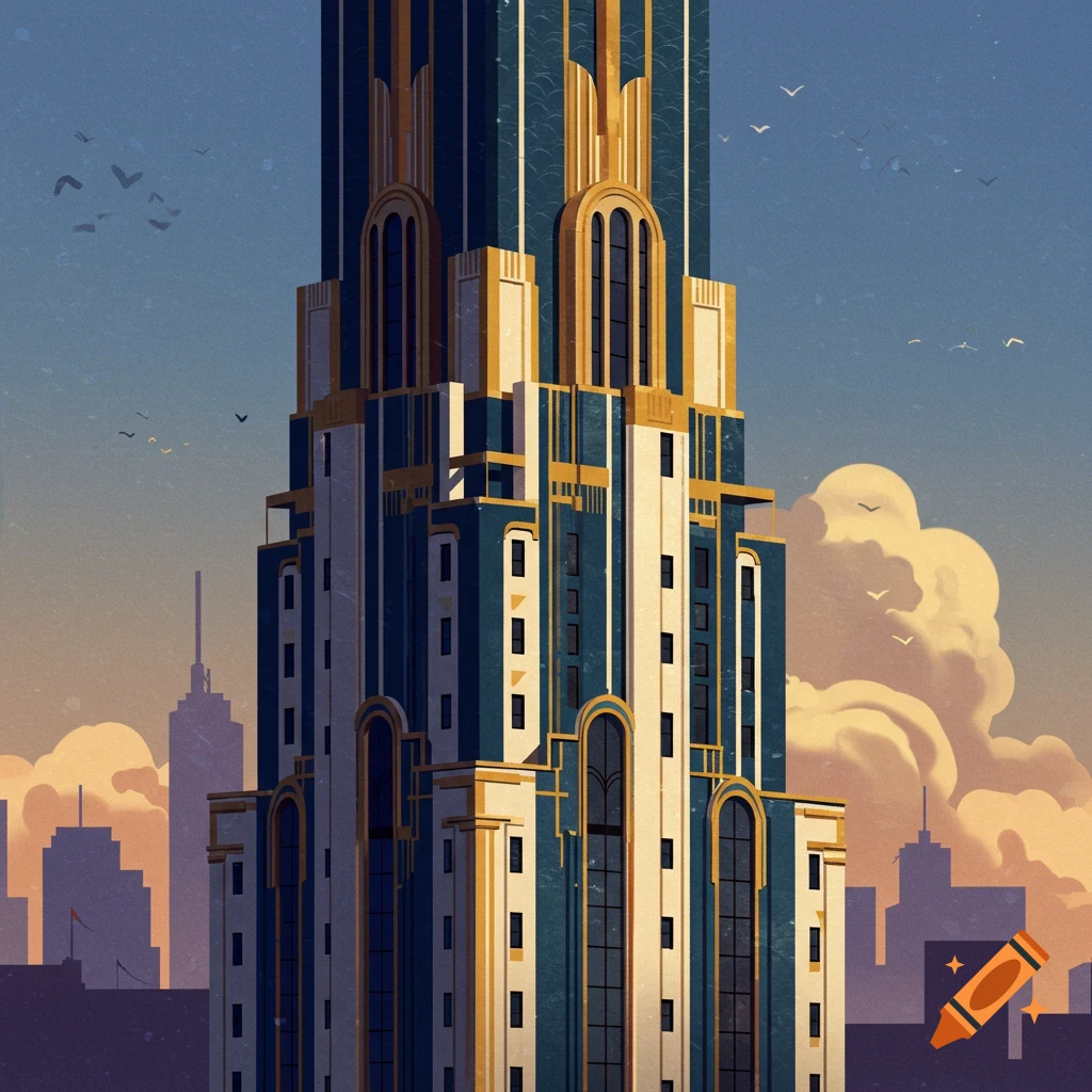 Art deco skyscraper illustration against a cloudy sky with distant city ...