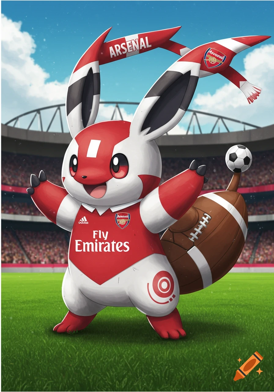 Cartoon rabbit character in Arsenal football kit stands on a field with ...