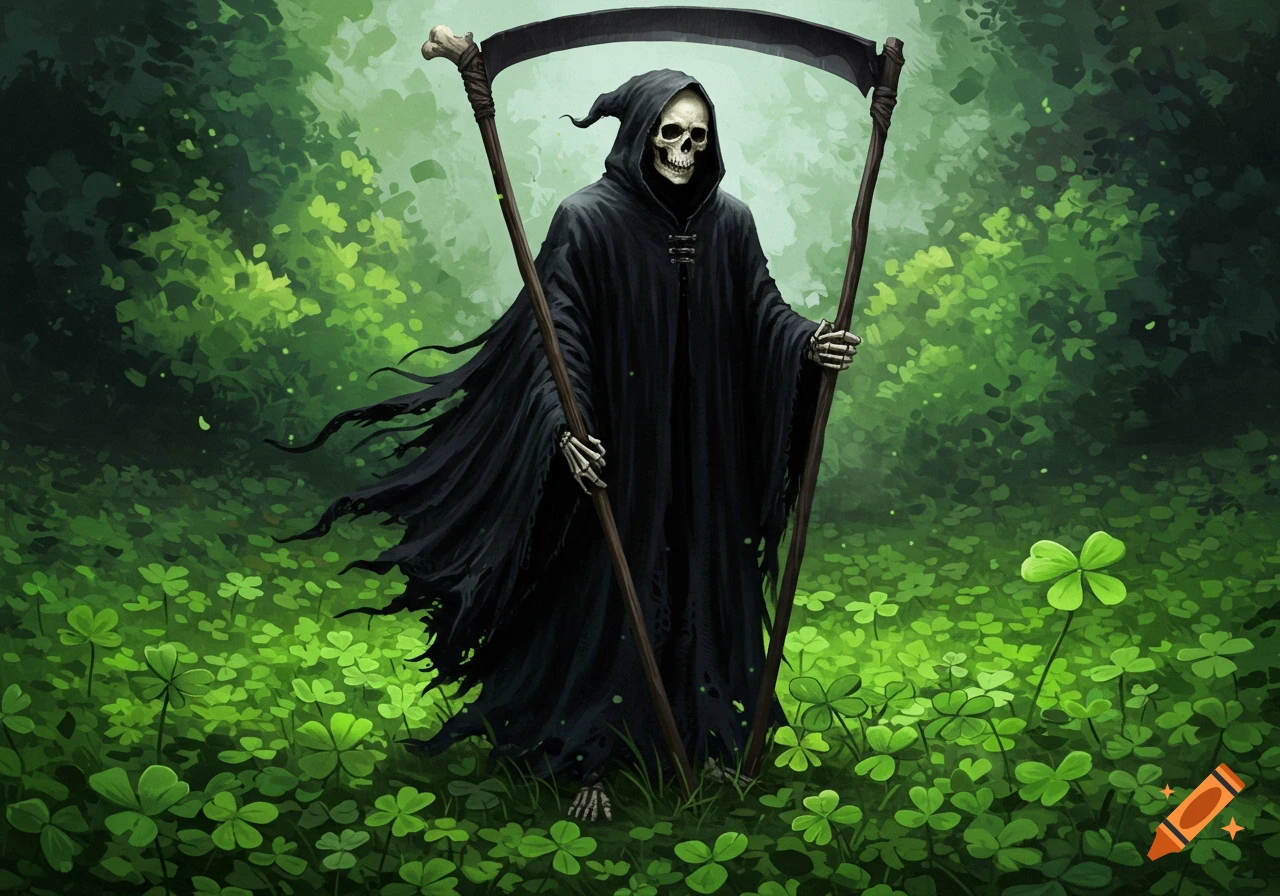 Grim Reaper stands in a field of four-leaf clovers, holding a scythe ...