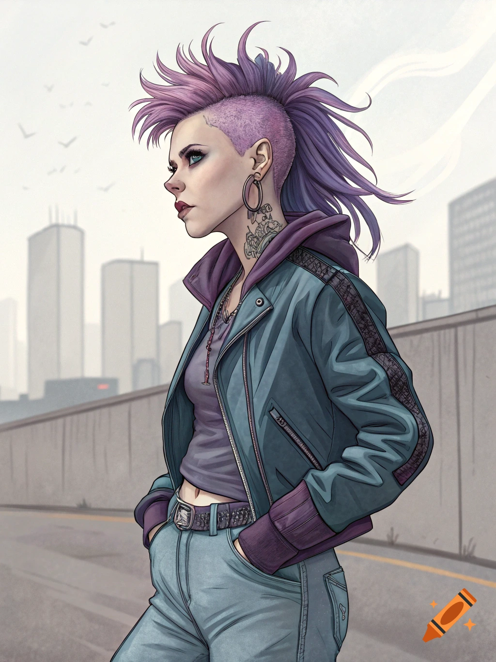 Illustration of a punk woman with a purple mohawk standing in a city ...