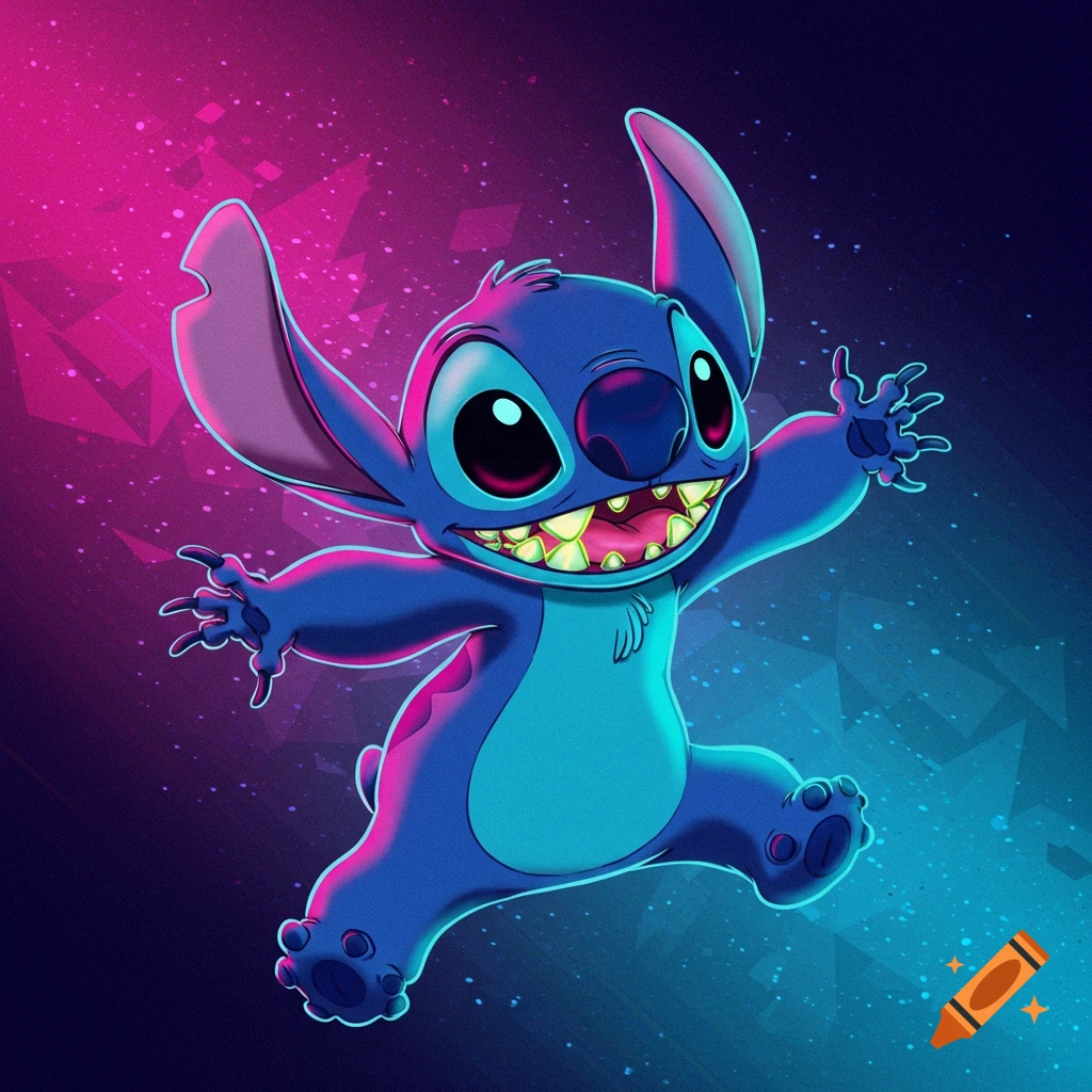 Neon illustration of Stitch jumping on Craiyon