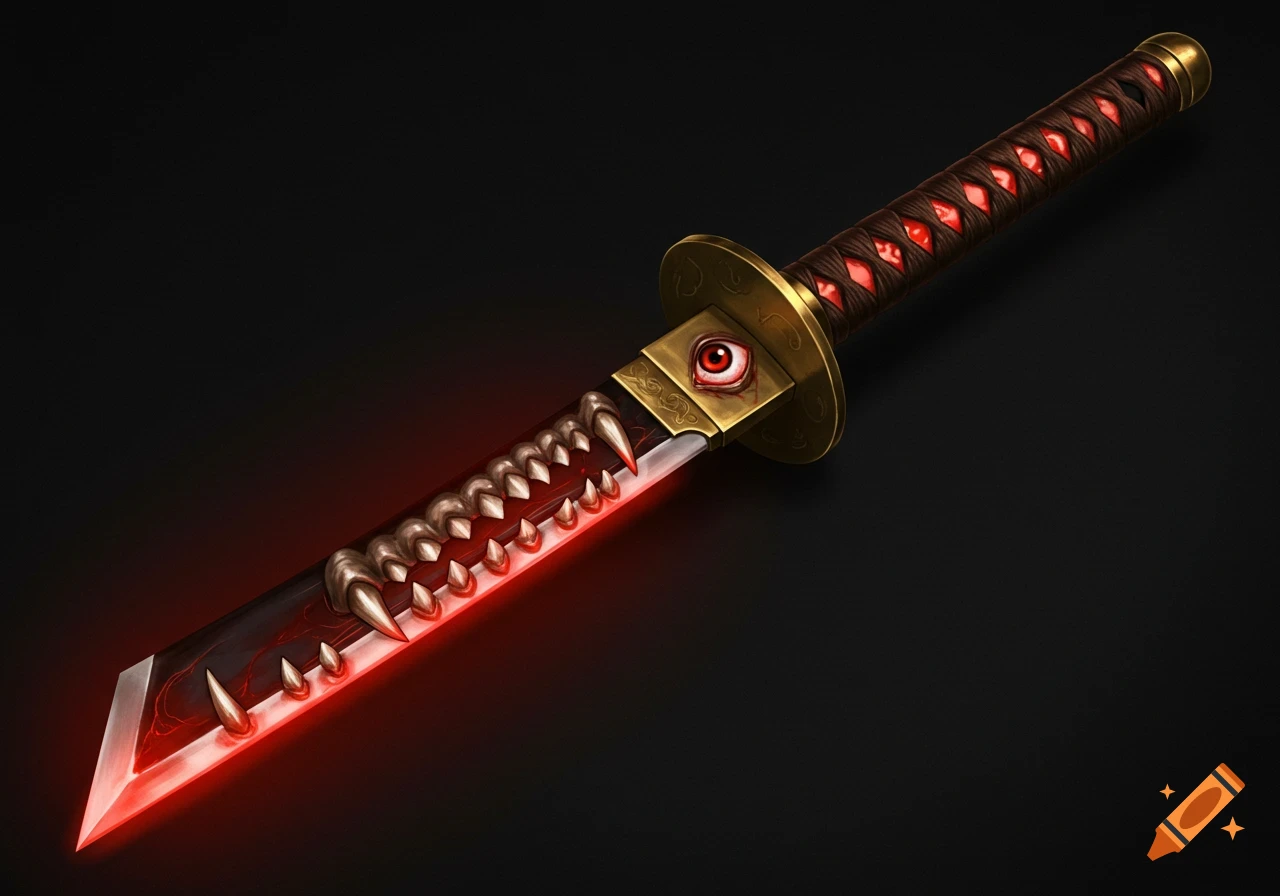 A dark fantasy katana sword with an eye embedded in the hilt and sharp ...