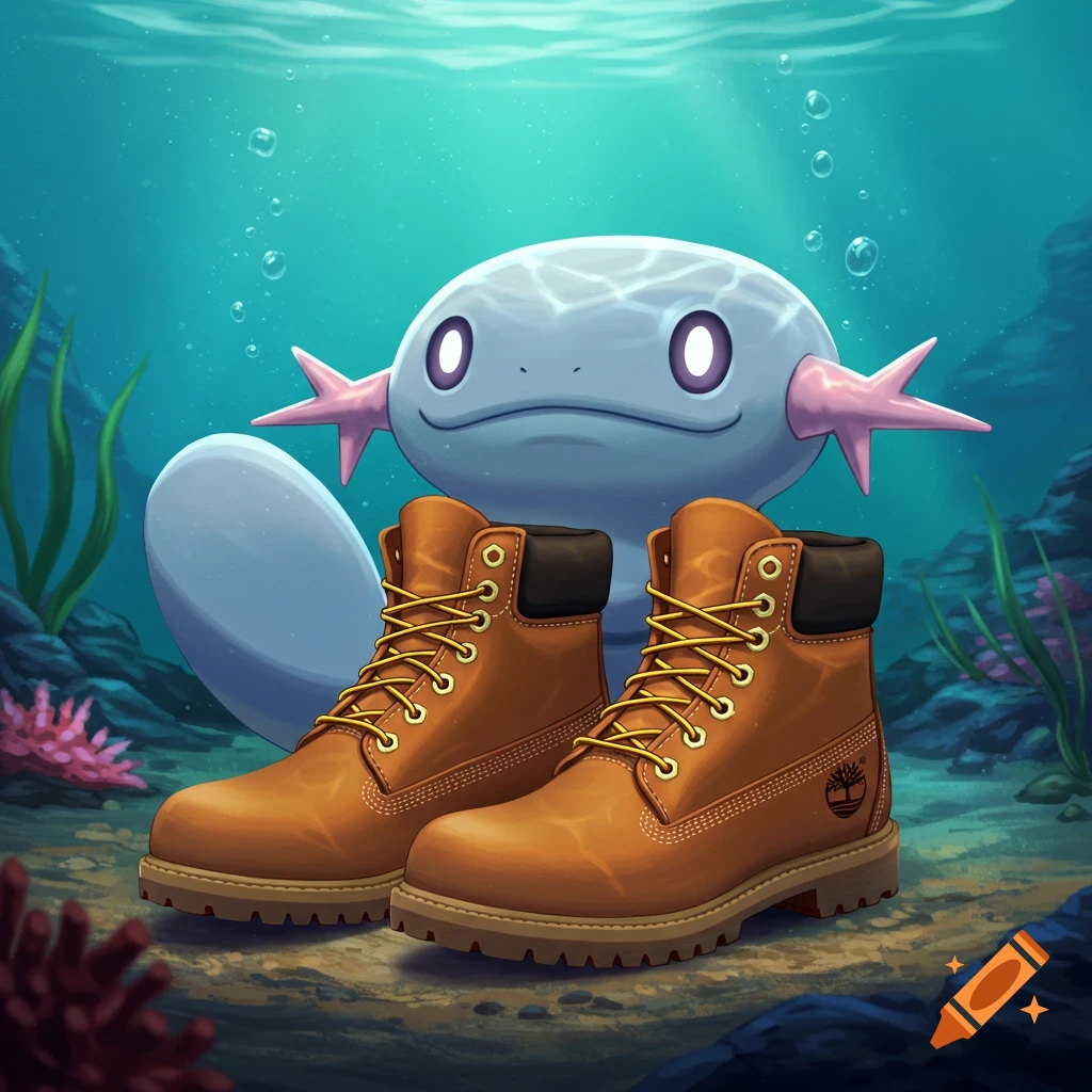 Illustration of a blue Wooper Pokémon standing with brown boots ...