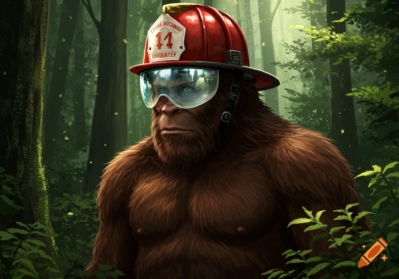 A Sasquatch wearing a red fire helmet and goggles stands in a forest ...