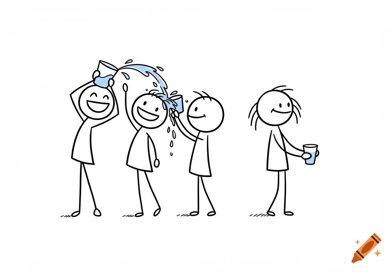 Simple stick figure drawing of four people playing with water and cups ...