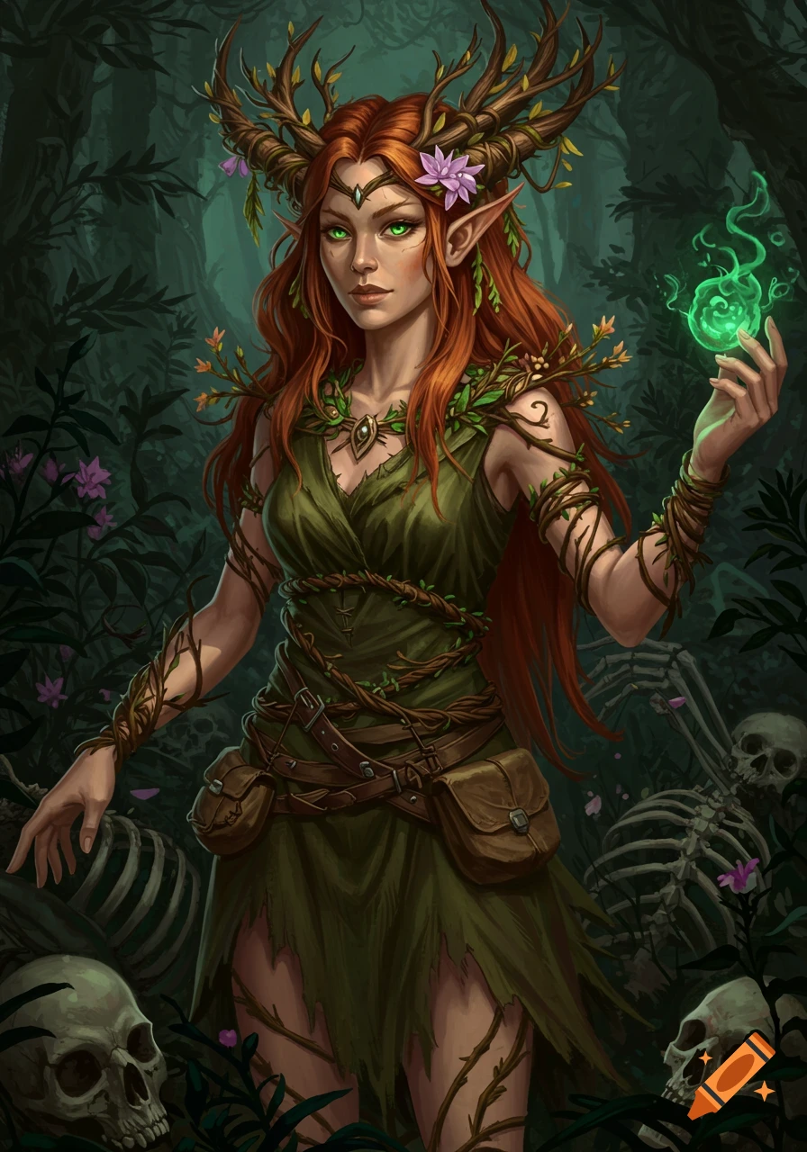 Fantasy art of a wood elf druid with antlers and green magic among ...