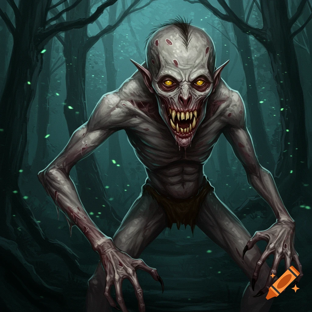 Gaunt monster with sharp teeth and claws in a dark forest. on Craiyon