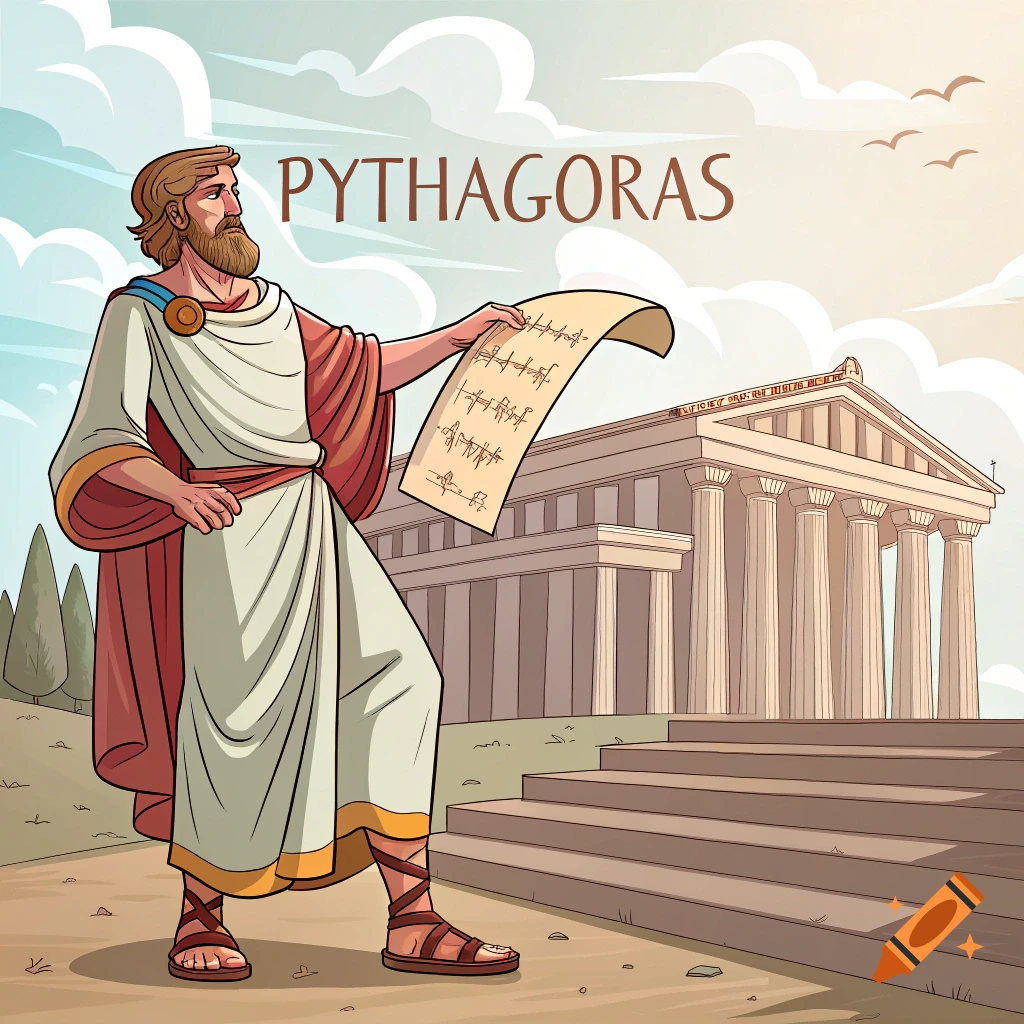 Illustration of ancient Greek philosopher Pythagoras in robes, holding ...