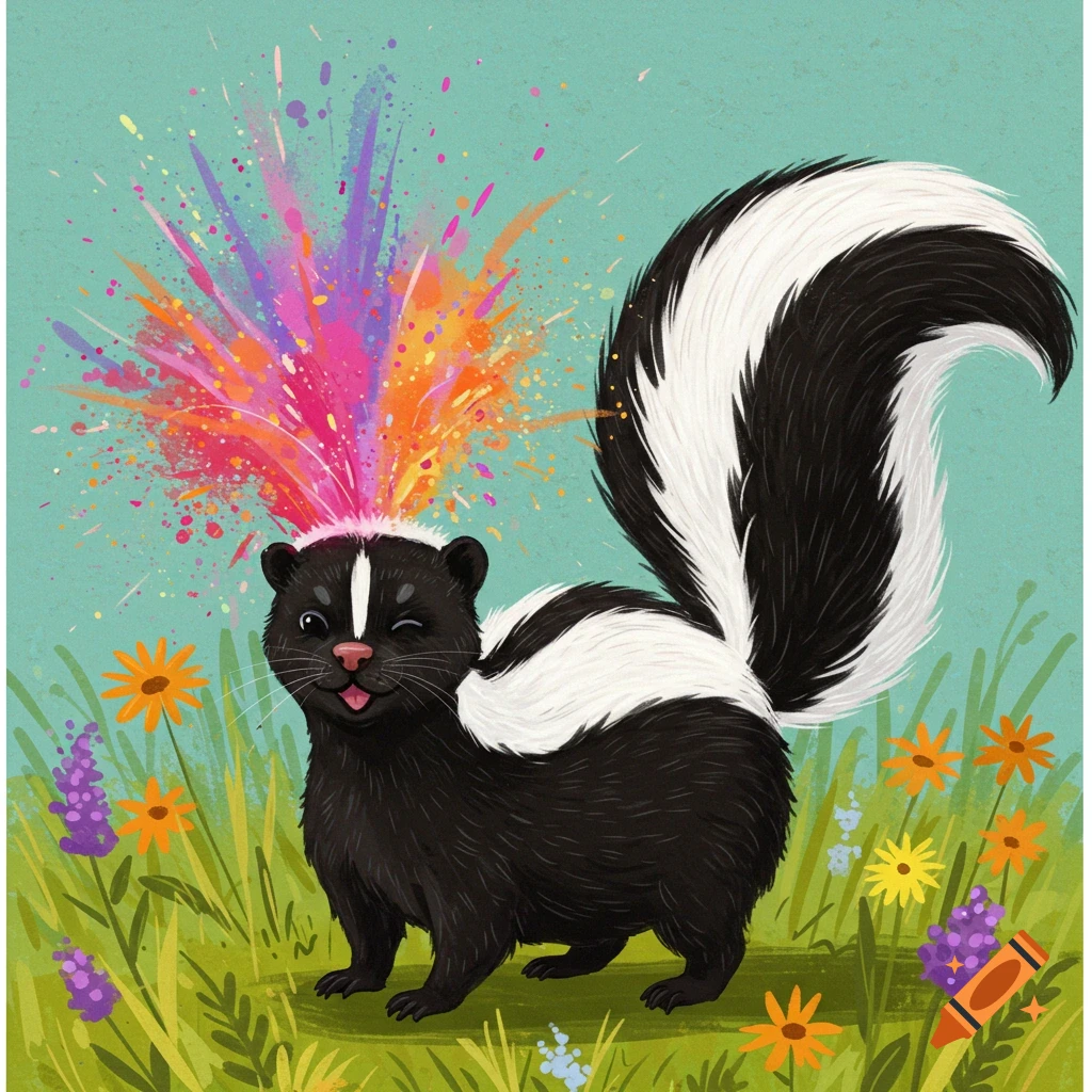 A stylized illustration of a skunk spraying colorful liquid in a field ...