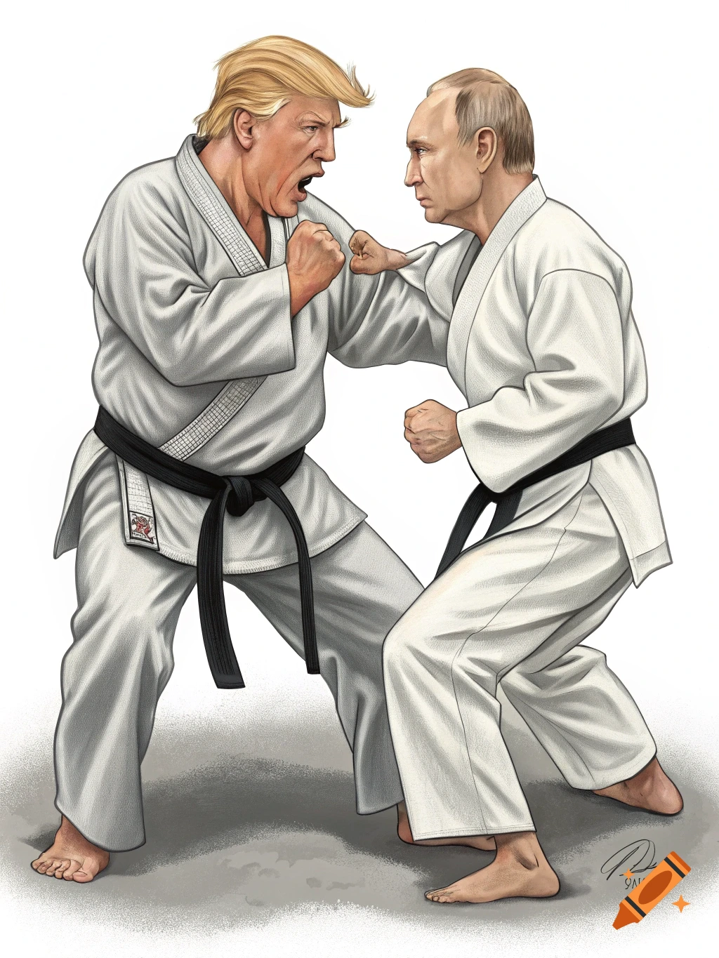 Cartoon illustration of Donald Trump and Vladimir Putin in white judo ...