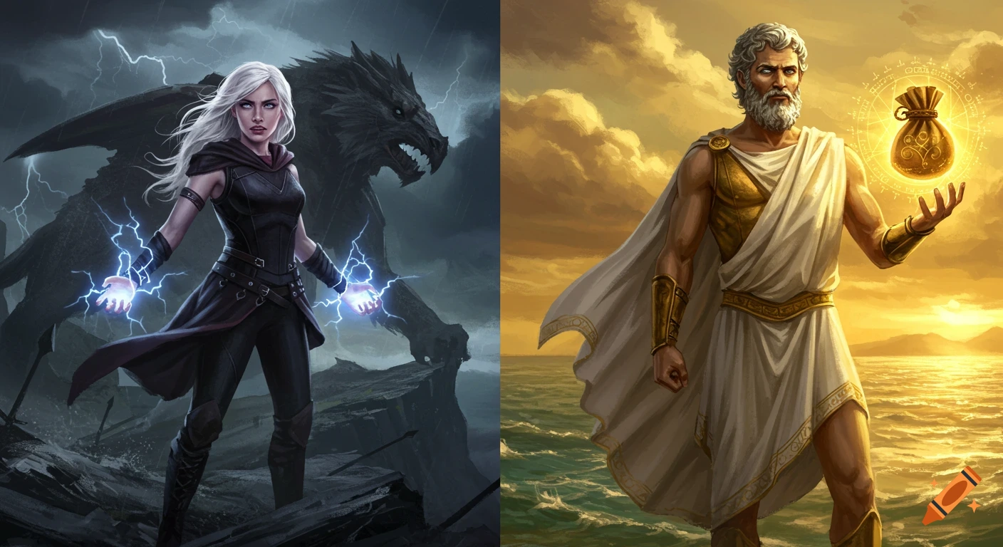 Split panel illustration showing a fantasy woman with lightning and a ...