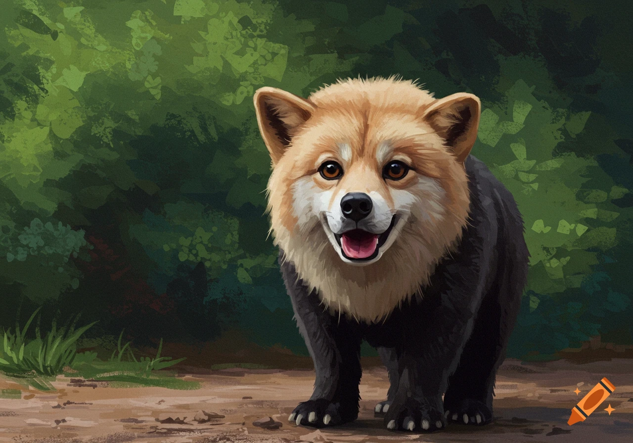 Cute corgi bear hybrid creature in a forest clearing, illustration on ...