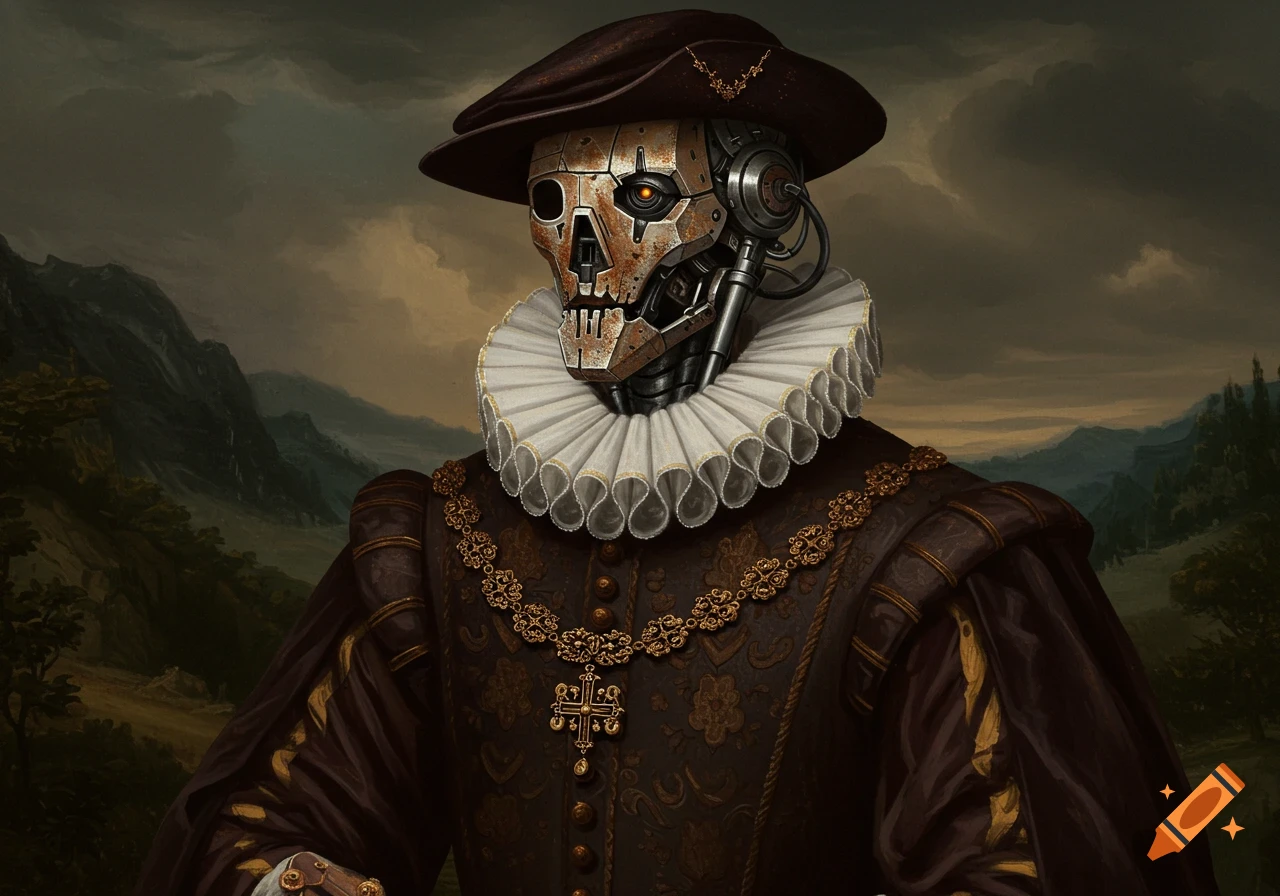 A rusty cyborg robot wearing a 16th-century brown costume with a white ...