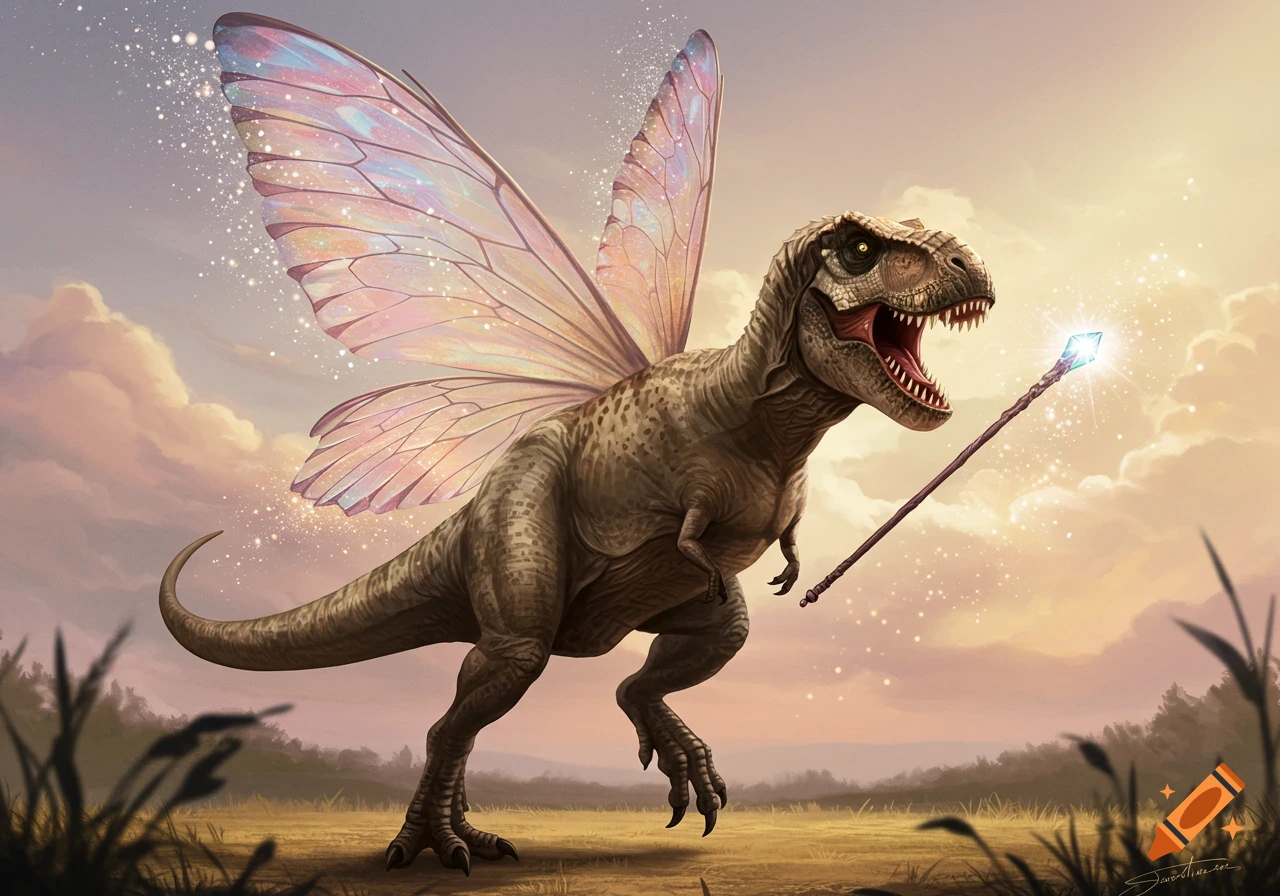A fantasy illustration of a Tyrannosaurus Rex with fairy wings holding ...