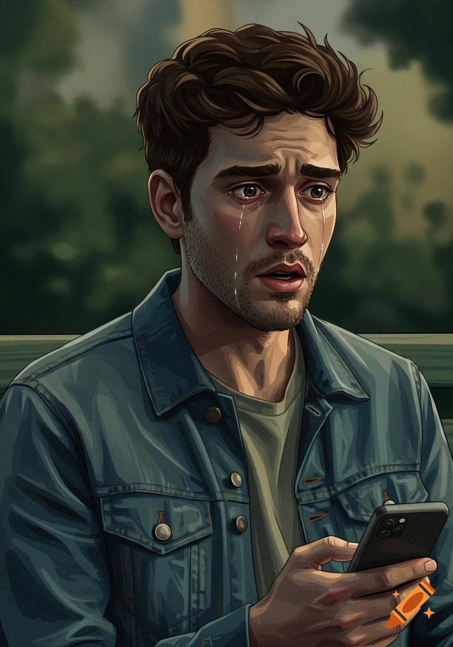 Illustration of a man crying while looking at his phone. on Craiyon