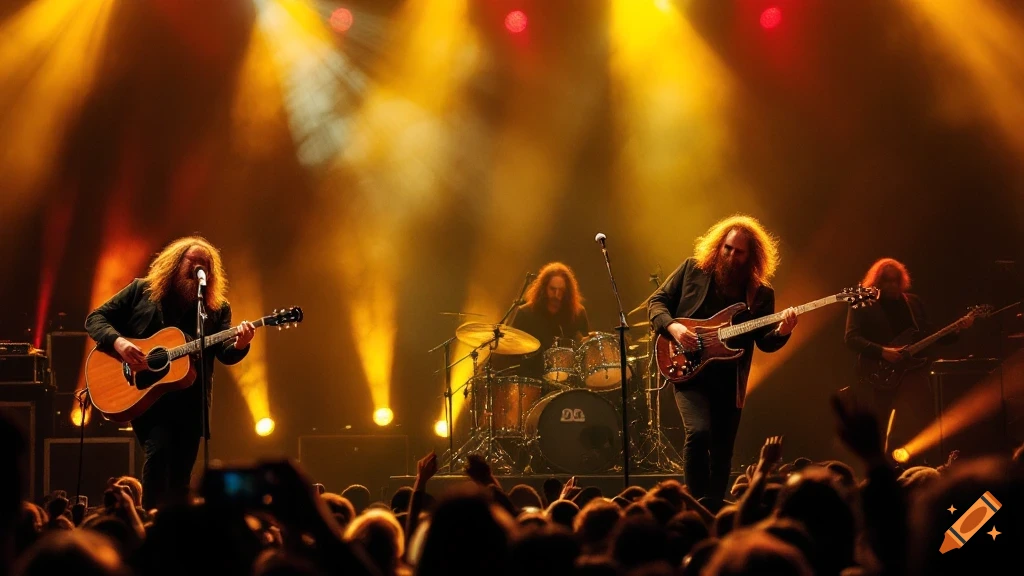 Rock band playing concert on stage under dramatic lighting, viewed from ...