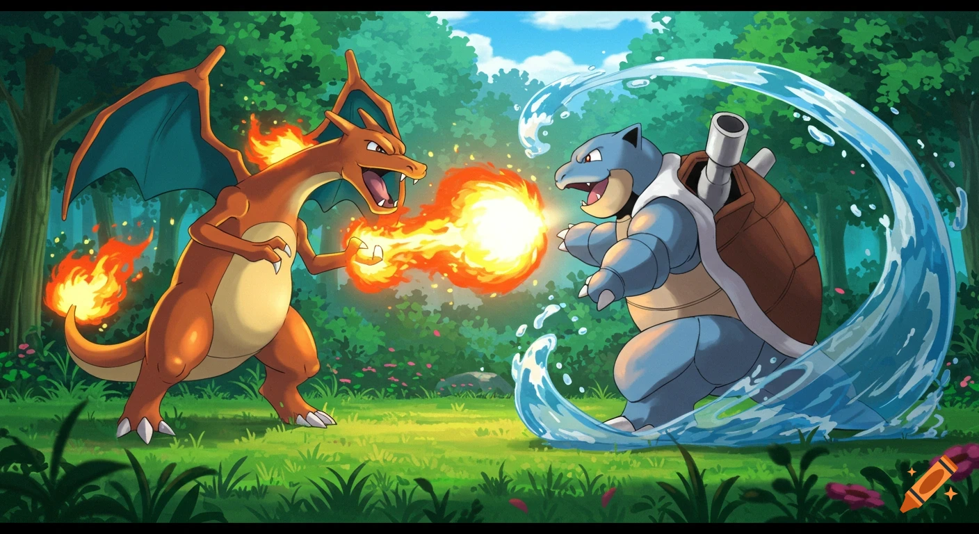 Charizard battles Blastoise with fire and water attacks in a forest ...