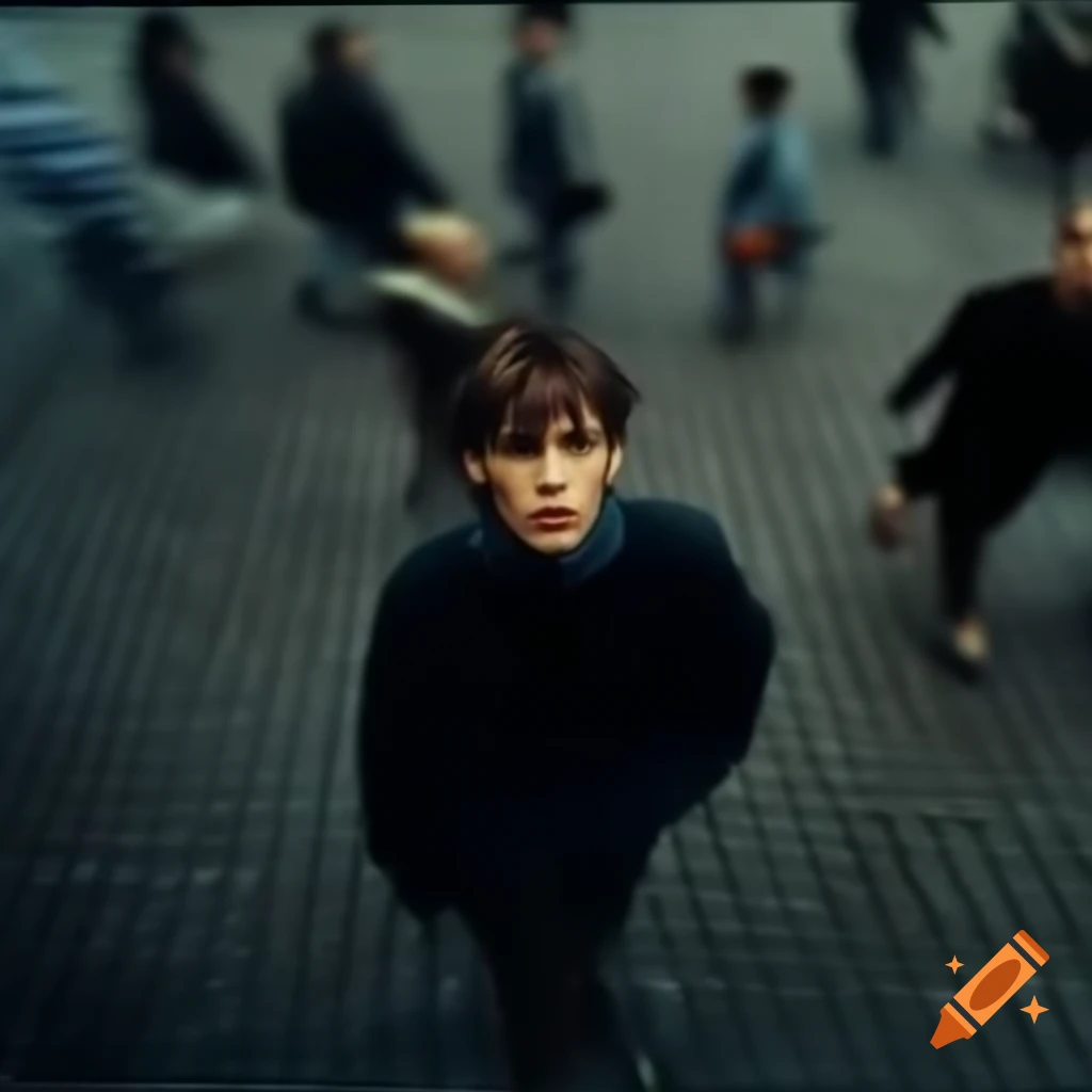 Overhead shot of person in oversized sweater on busy city sidewalk with ...