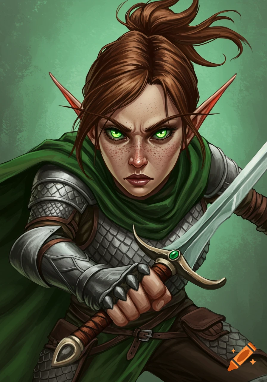Detailed digital painting of a fierce female elf warrior with green eyes, freckles, scale armor ...