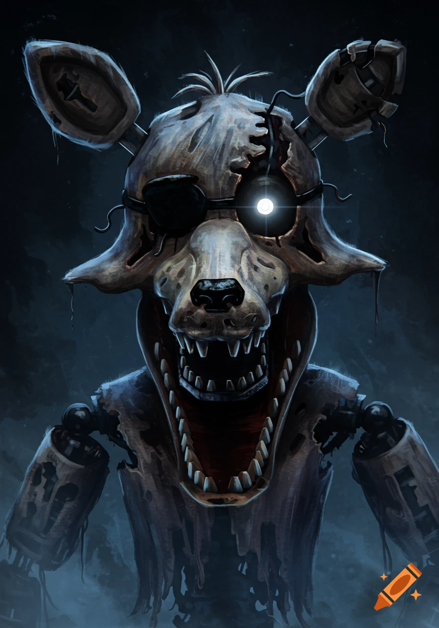 A damaged, skeletal animatronic fox with an eyepatch and glowing eye ...