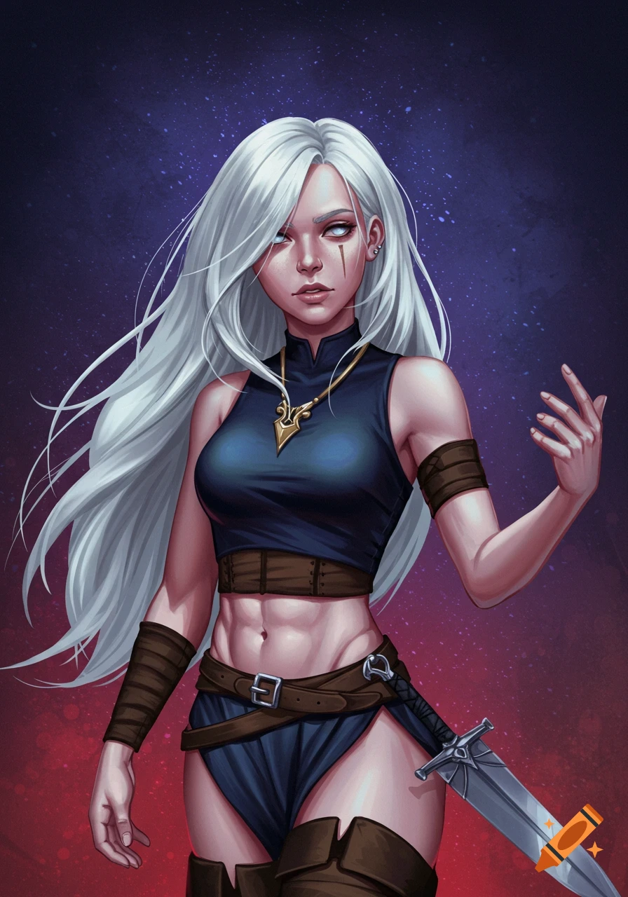 A white-haired female fantasy warrior with abs holds a sword. on Craiyon