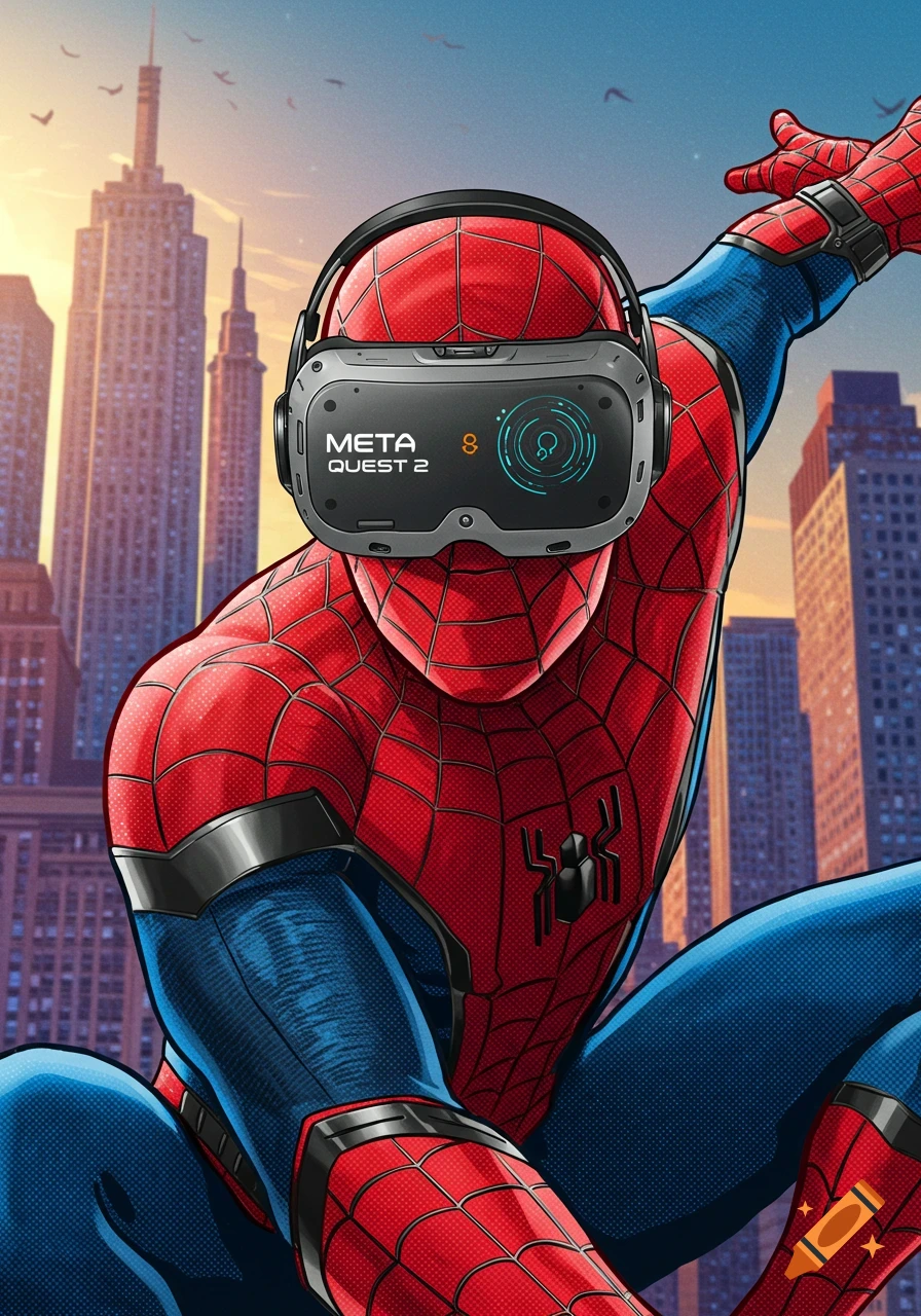 Spider-Man swings through a city wearing a Meta Quest 2 VR headset. on ...