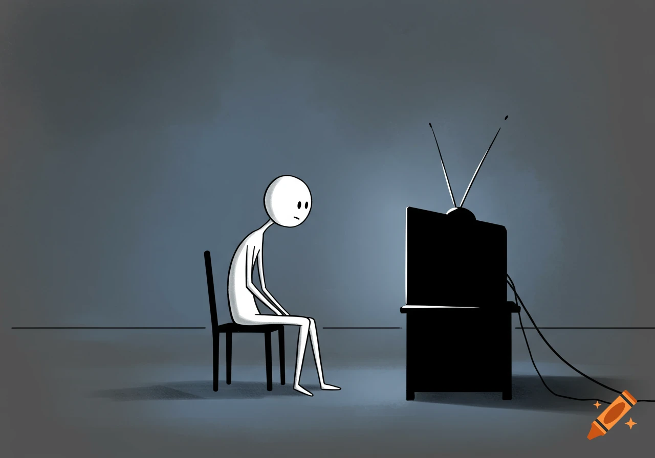 A minimalist illustration of a stick figure sitting on a chair watching ...