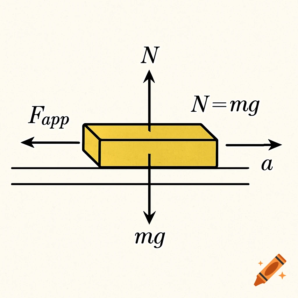 Free body diagram of a block on a surface showing force vectors and ...