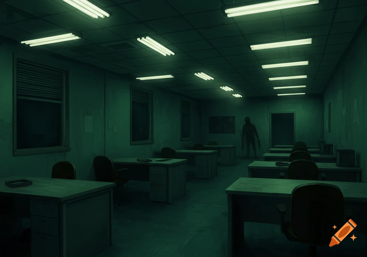 A spooky figure stands in a dark, empty office lit by fluorescent ...