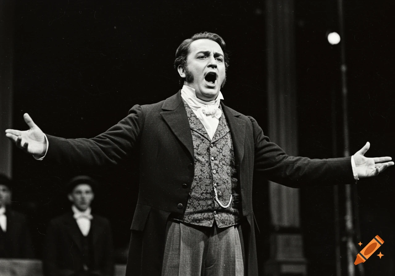 A man in an early Victorian costume sings opera on stage, black and ...