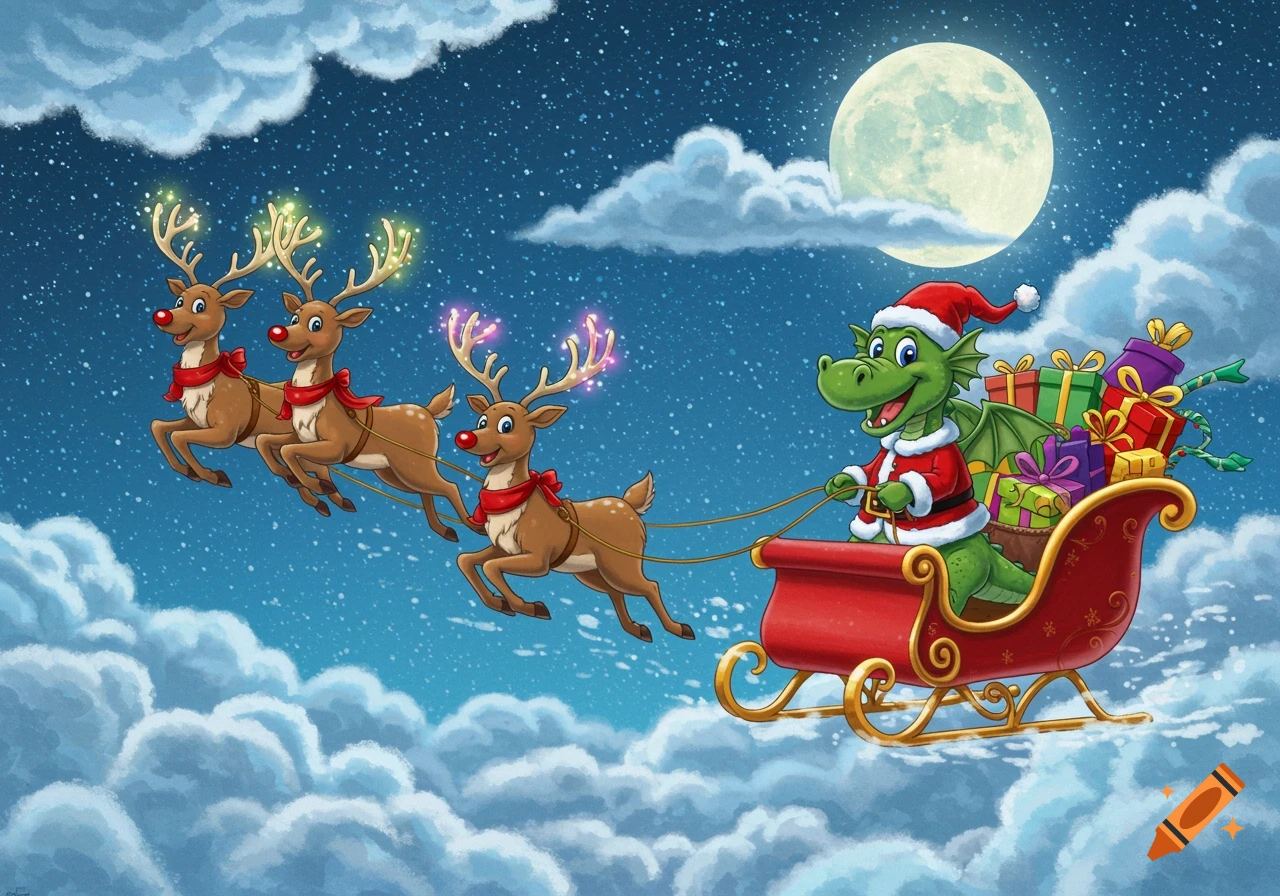 Cartoon dragon in Santa suit flies a sleigh pulled by reindeer through ...