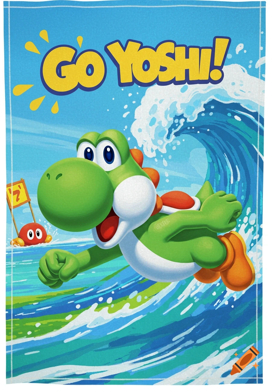 Illustration of Yoshi swimming in a large wave with the text GO YOSHI ...