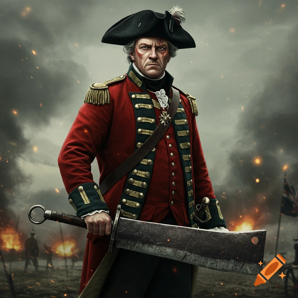 A British general in a red coat holds a massive cleaver-like sword ...