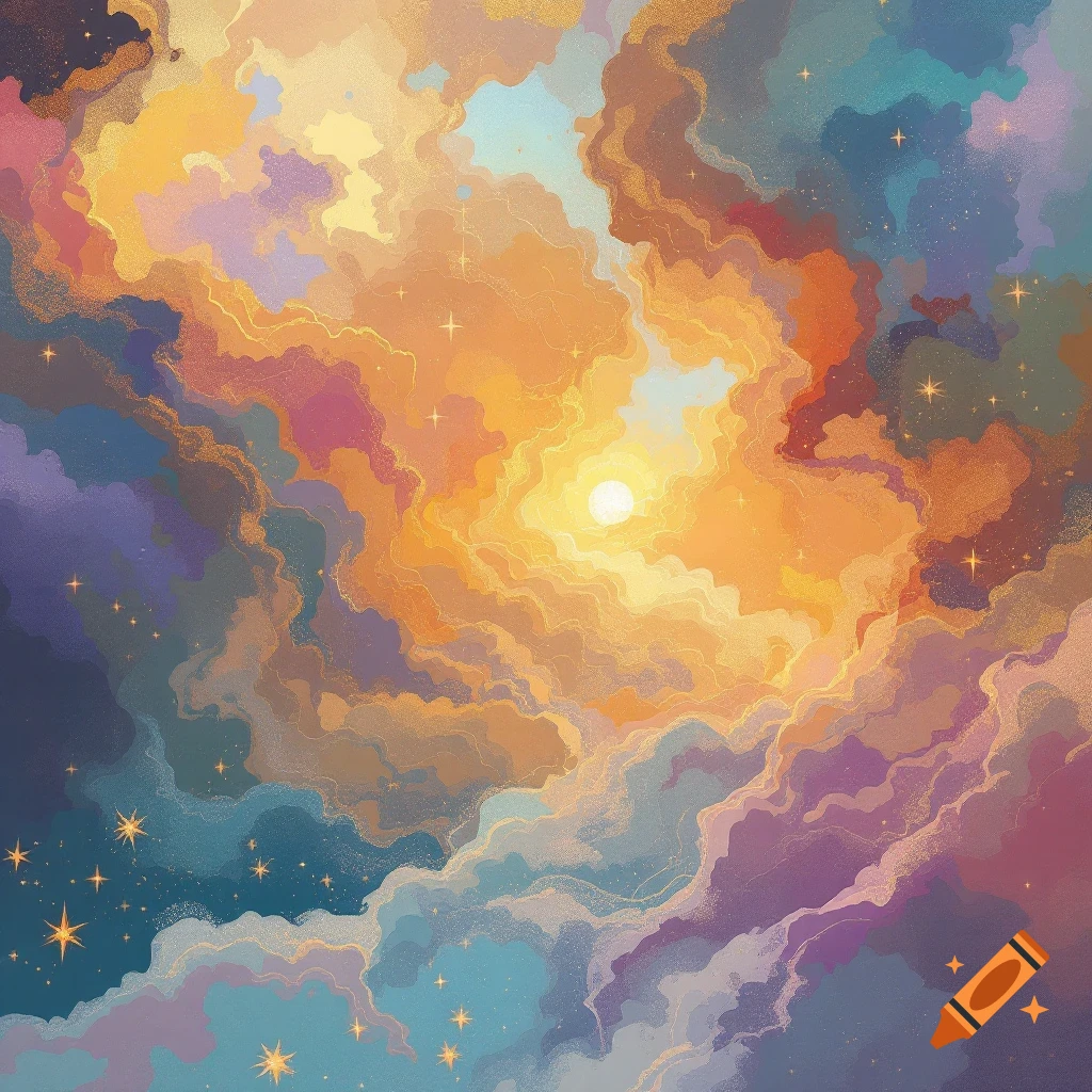Abstract celestial sky with colorful clouds, stars, and a bright light ...